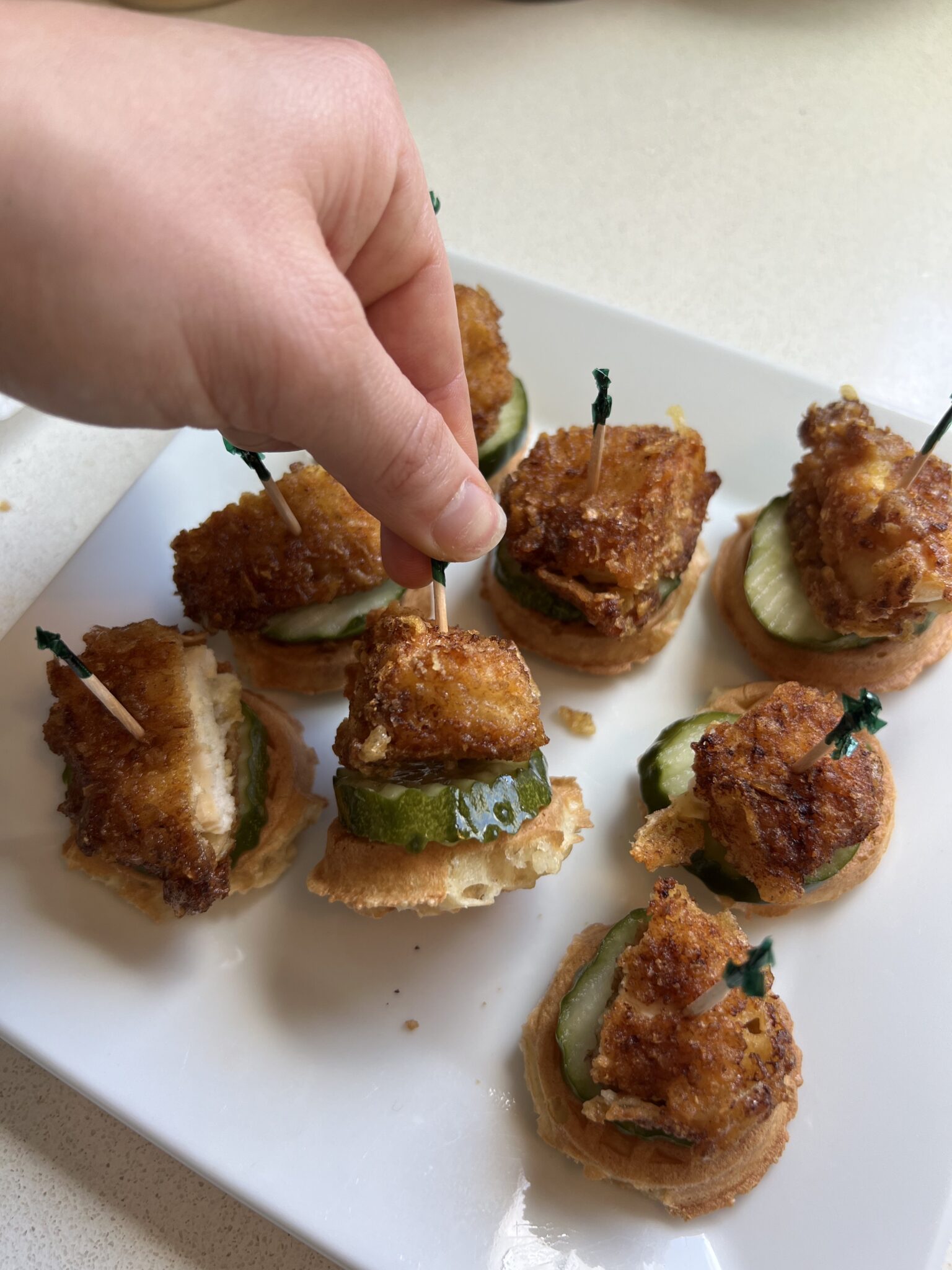 mini dill pickle chicken and waffles